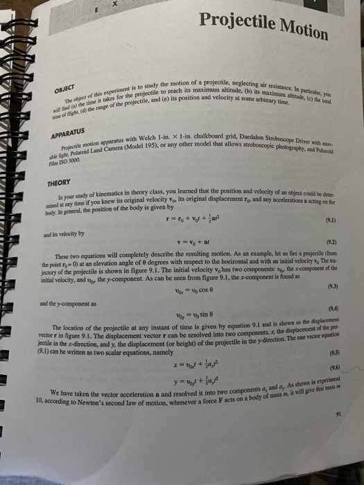 Data Sheet Experiment 9: Projectile Motion | Chegg.com