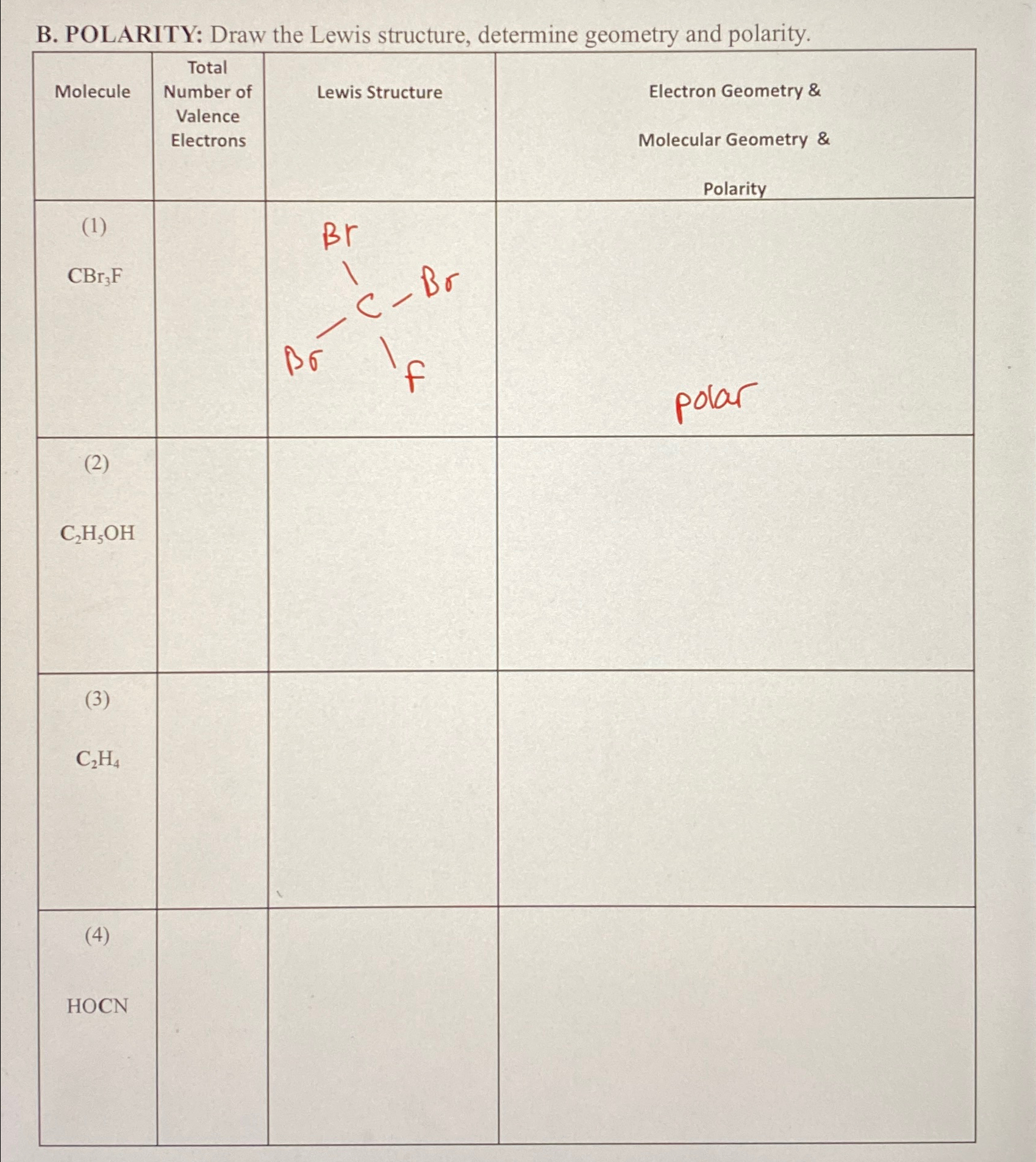 Solved B. ﻿POLARITY: Draw the Lewis structure, determine | Chegg.com