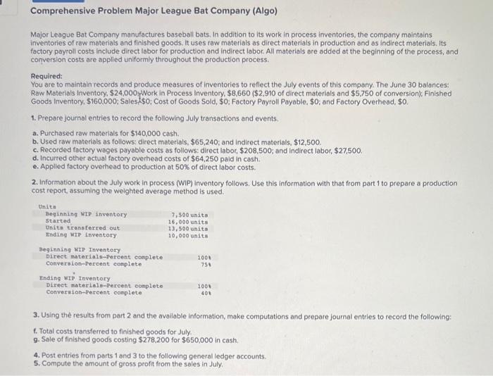 Solved Comprehensive Problem Major League Bat Company (Algo) | Chegg.com