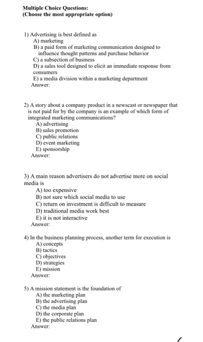 Solved Multiple Choice Questions: (Choose the most | Chegg.com