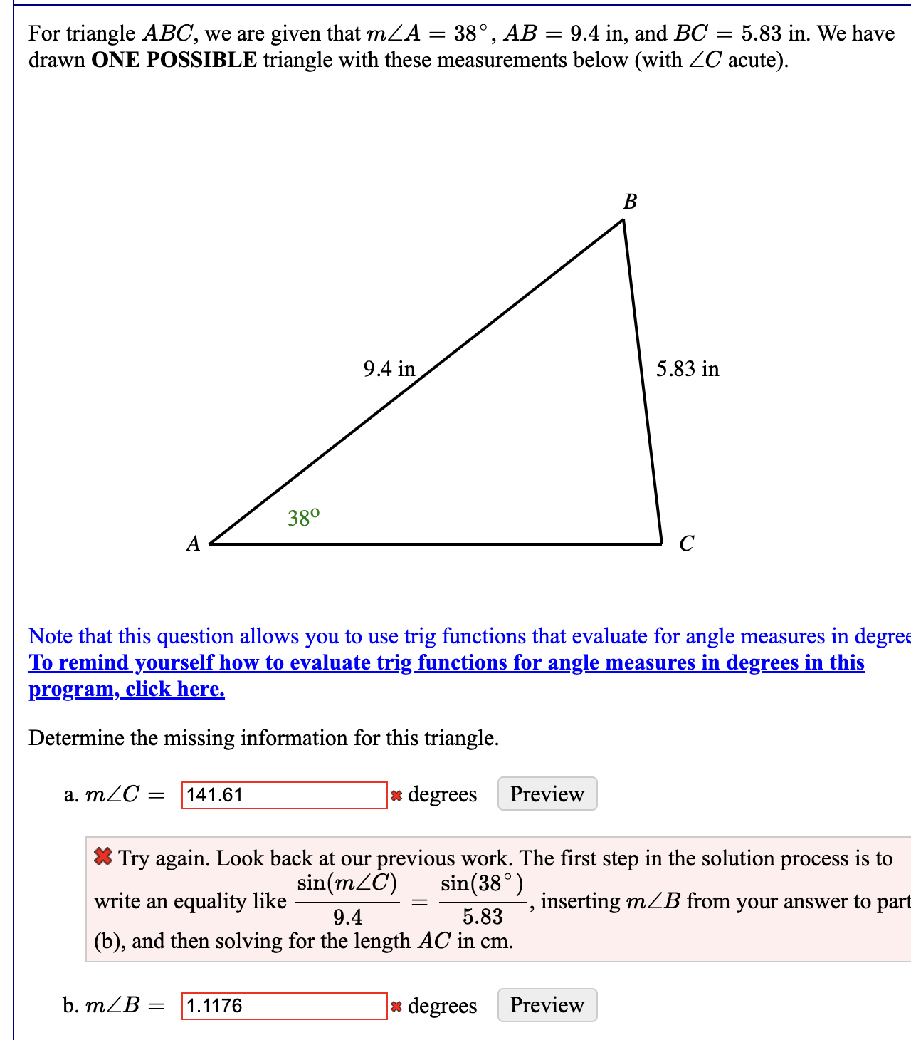 Solved For triangle ABC, we are given that m?A=38°,AB=9.4in, | Chegg.com