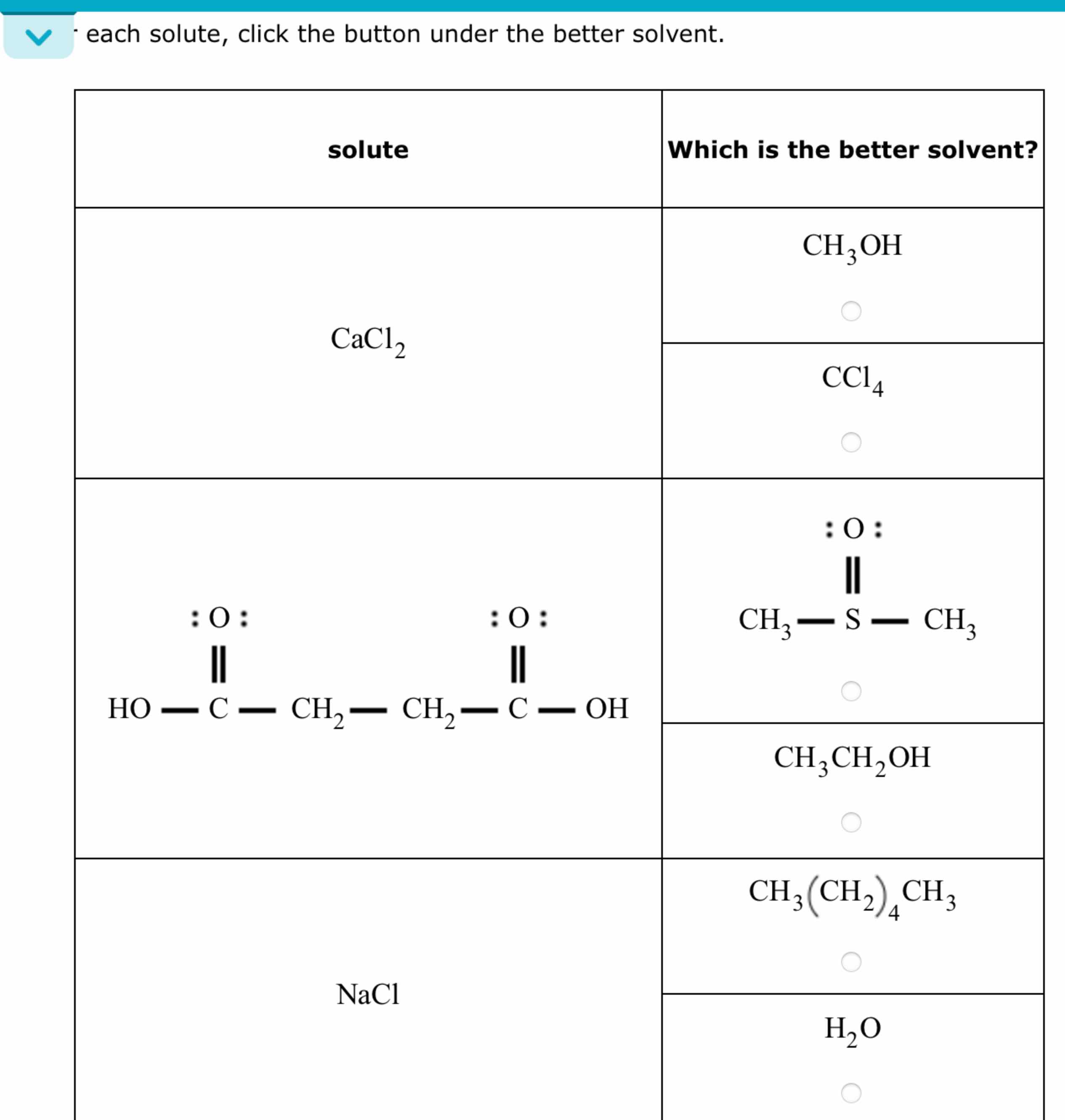 Solved For each solute, click the button under the better | Chegg.com