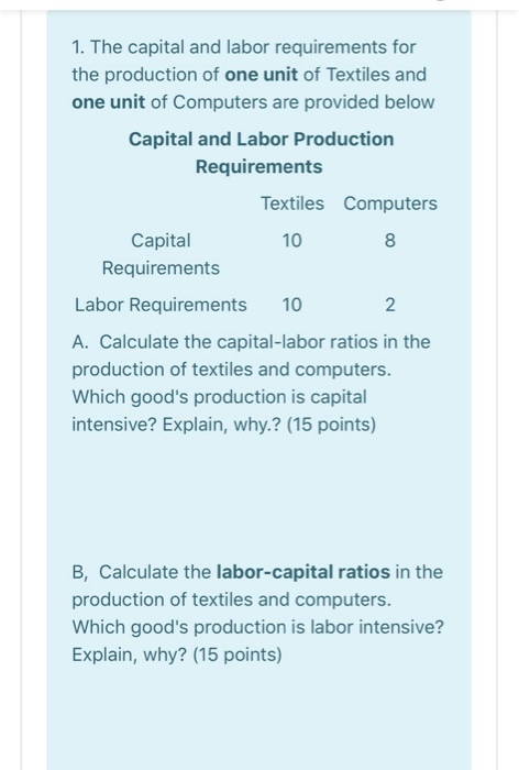 Solved 1. The capital and labor requirements for the | Chegg.com