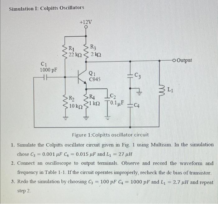 Solved Simulation I: Colpitts Oscillators +12V M > R1 R3 22 | Chegg.com