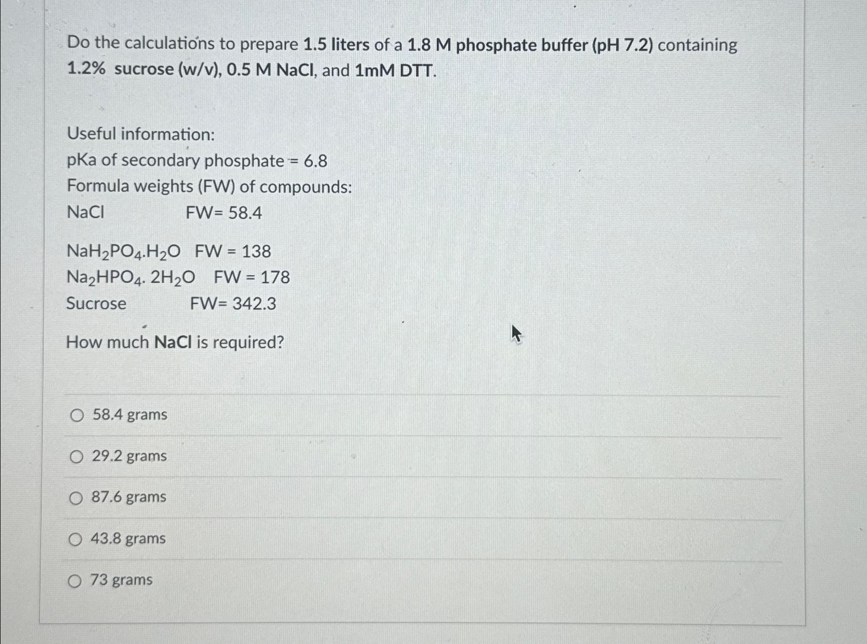 Solved Do the calculations to prepare 1.5 ﻿liters of a 1.8M | Chegg.com