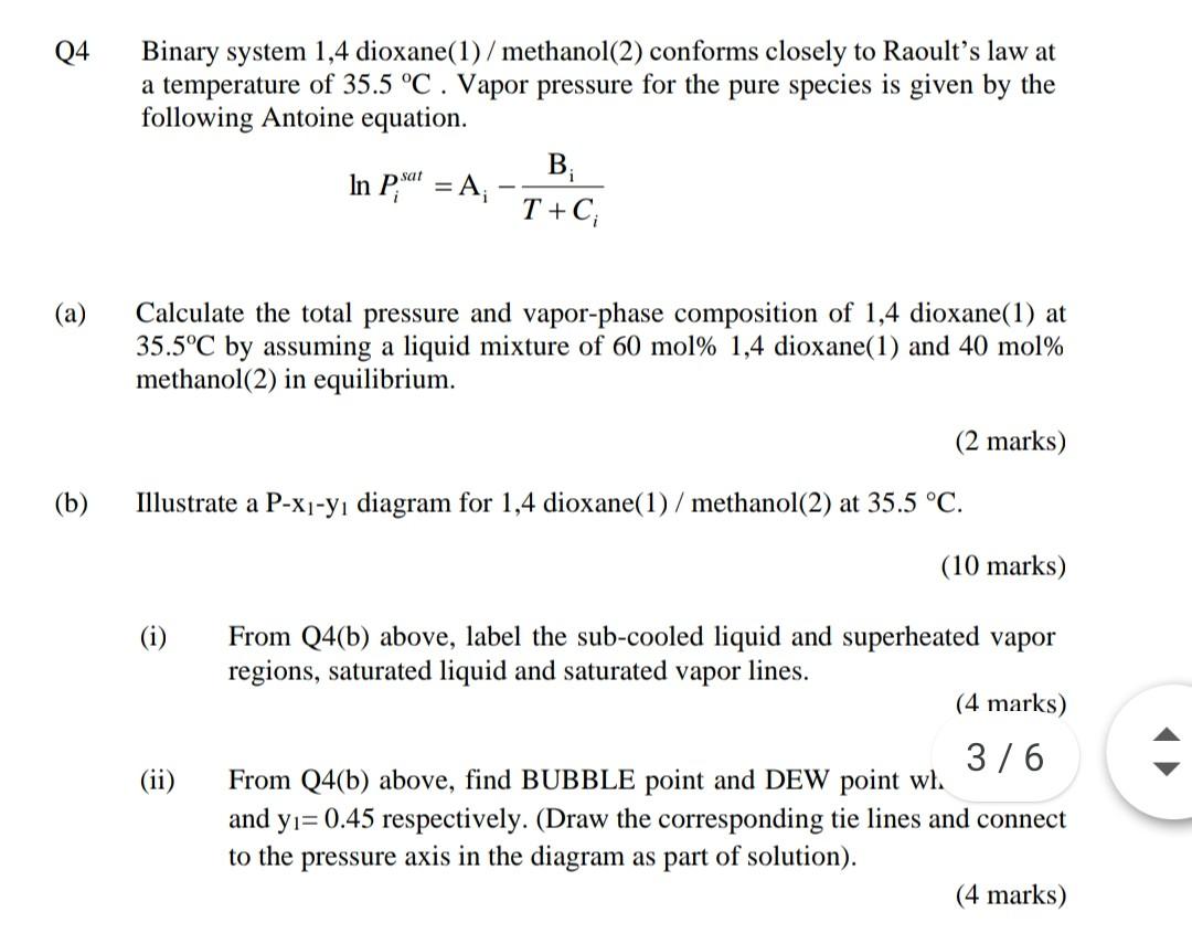 Solved Q4 Binary system 1,4 dioxane(1)/ methanol(2) conforms | Chegg.com