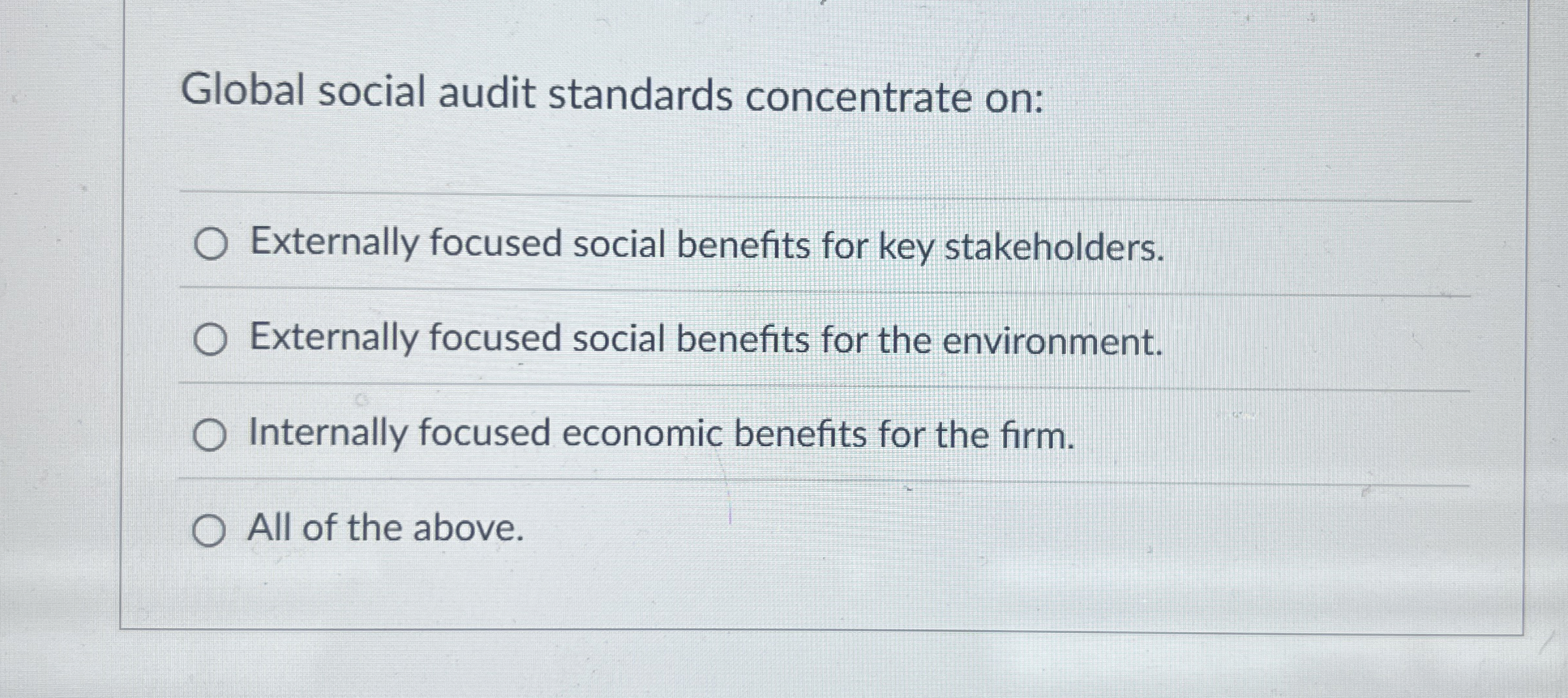 Solved Global social audit standards concentrate | Chegg.com