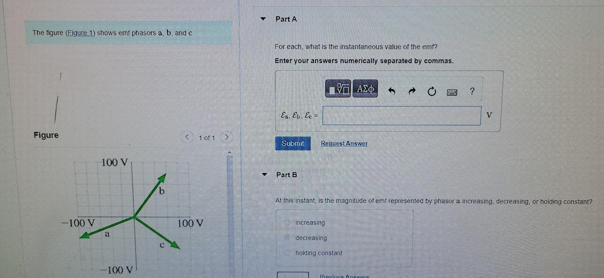 Solved The figure (Figure 1) shows emf phasors a,b, and c. | Chegg.com
