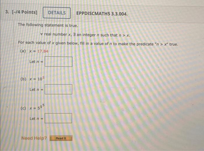 Solved The following statement is true. ∀ real number x,∃ an | Chegg.com