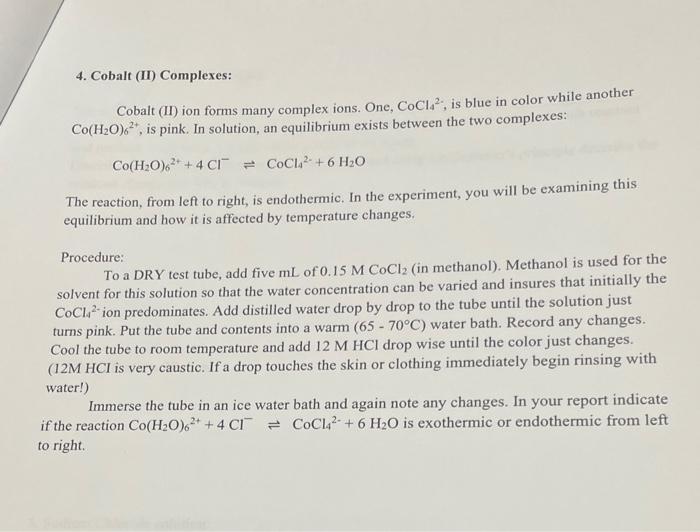 Solved 4. Cobalt (II) Complexes: Cobalt (II) ion forms many | Chegg.com