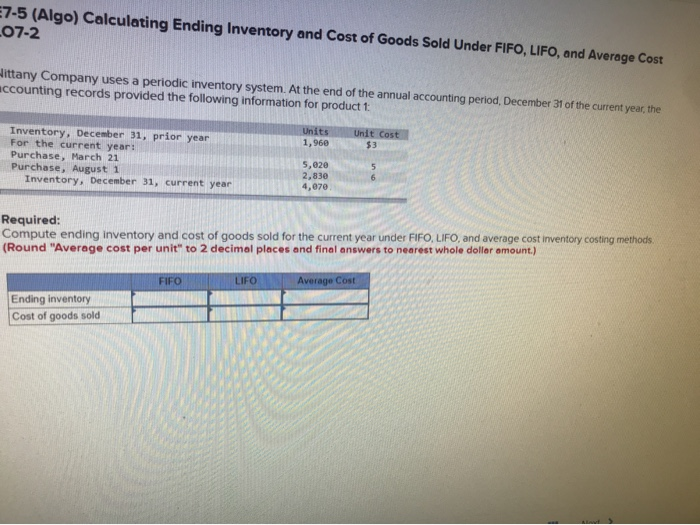 Solved E7-5 (Algo) Calculating Ending Inventory and Cost of | Chegg.com