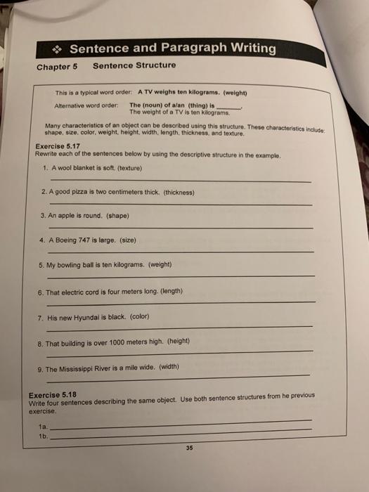 Solved Sentence and Paragraph Writing Chapter 5 Sentence | Chegg.com
