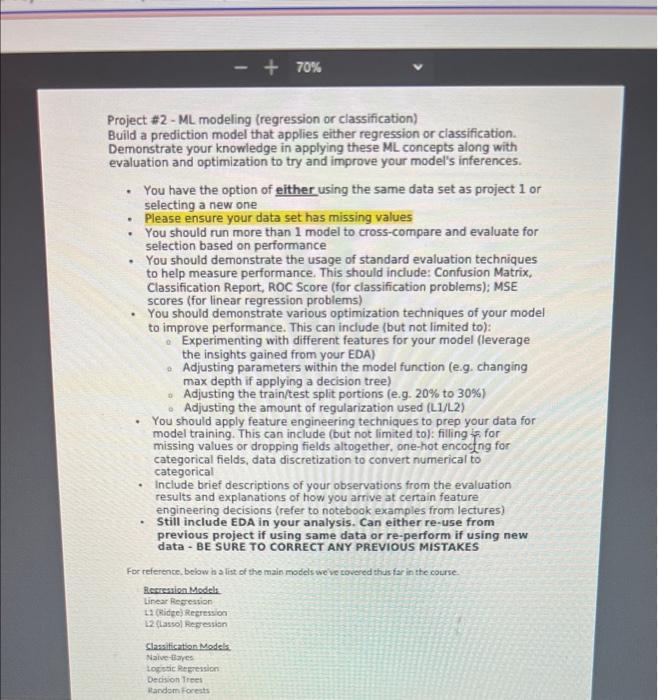 Solved Project *2 - ML modeling (regression or | Chegg.com