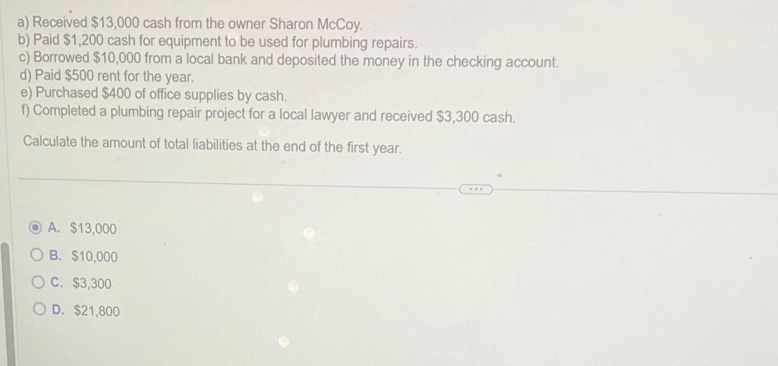 Solved a) Received $13,000 cash from the owner Sharon | Chegg.com