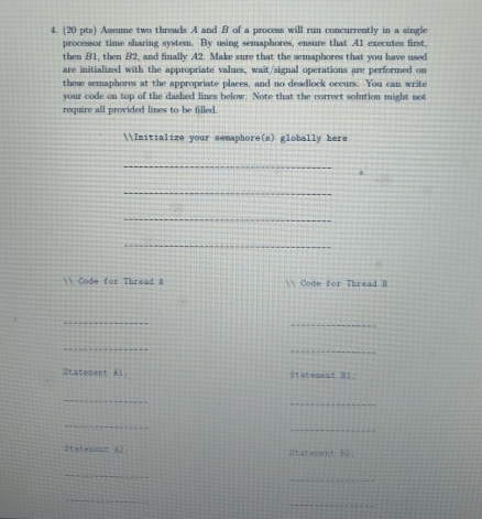 Solved ( 20 ﻿pts) ﻿Asume two threads A and B ﻿of a procens | Chegg.com