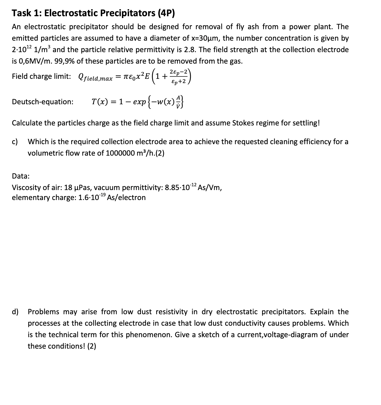 Solved Task 1: Electrostatic Precipitators (4P)An | Chegg.com