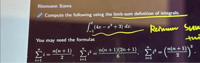 Solved Compute the following using the limit-sum definition | Chegg.com