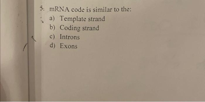 Solved 5. mRNA code is similar to the: a) Template strand b) | Chegg.com