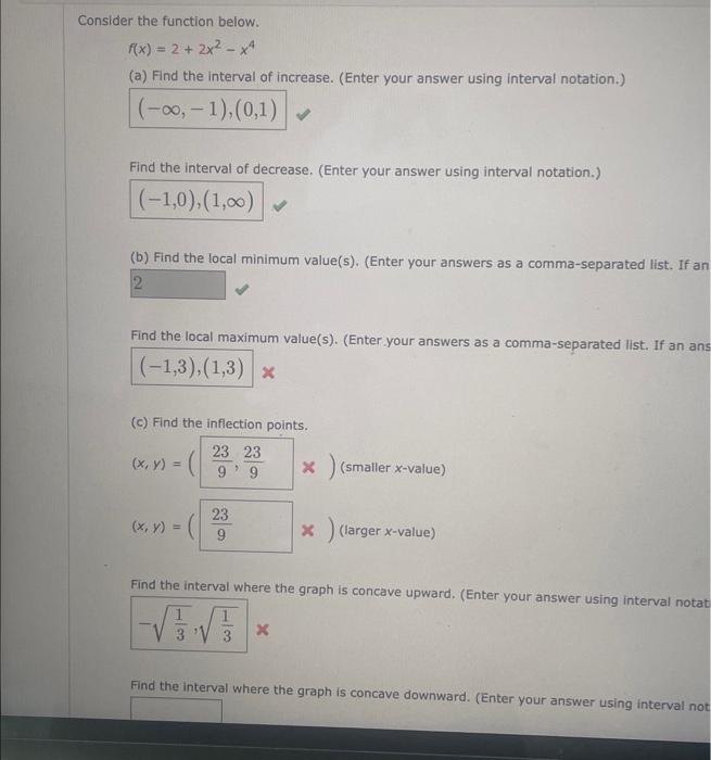 Solved Consider the function below. f(x)=2+2x2−x4 (a) Find | Chegg.com