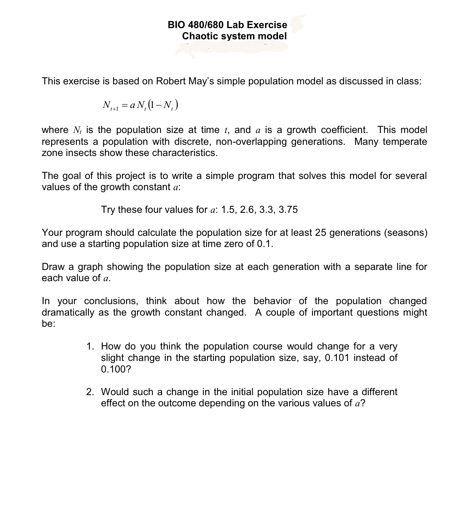 BIO 480/680 ﻿Lab ExerciseChaotic system modelThis | Chegg.com