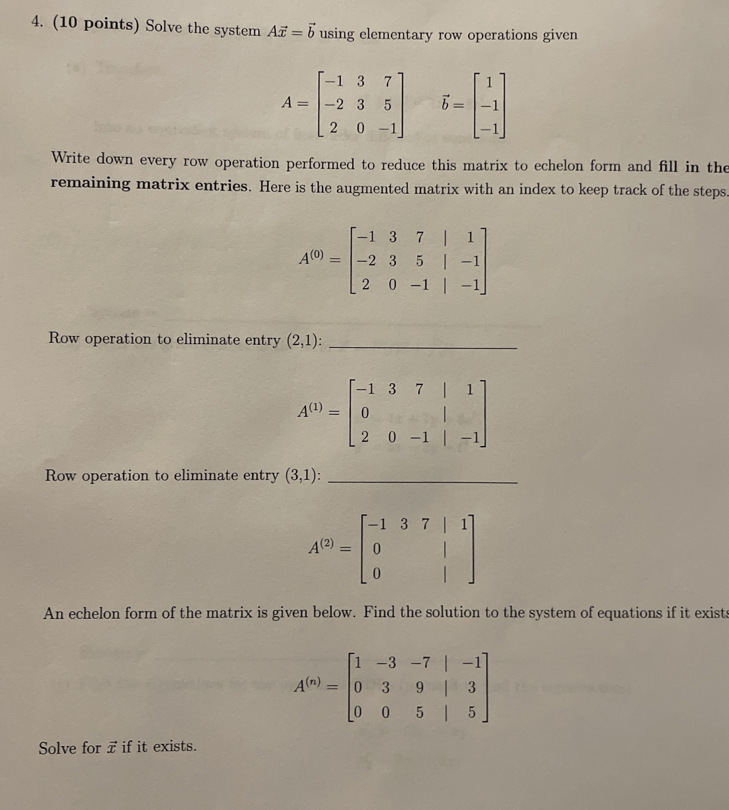 Solved (10 ﻿points) ﻿Solve the system Avec(x)=vec(b) ﻿using | Chegg.com