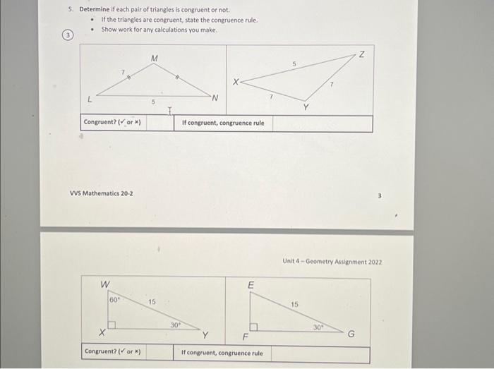 Solved 5. Determine if each pair of triangles is congruent | Chegg.com