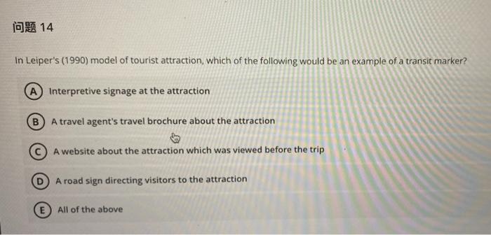 Solved 问题 14 In Leiper's (1990) model of tourist attraction, | Chegg.com