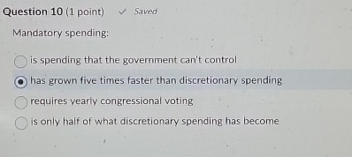 Solved Question 10 (1 ﻿point) ﻿SavedMandatory spending:is | Chegg.com
