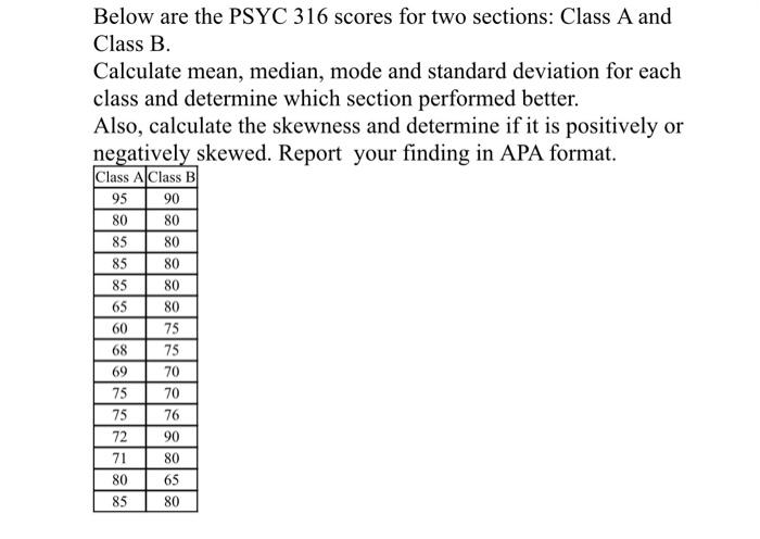 Solved Below are the PSYC 316 scores for two sections: Class | Chegg.com