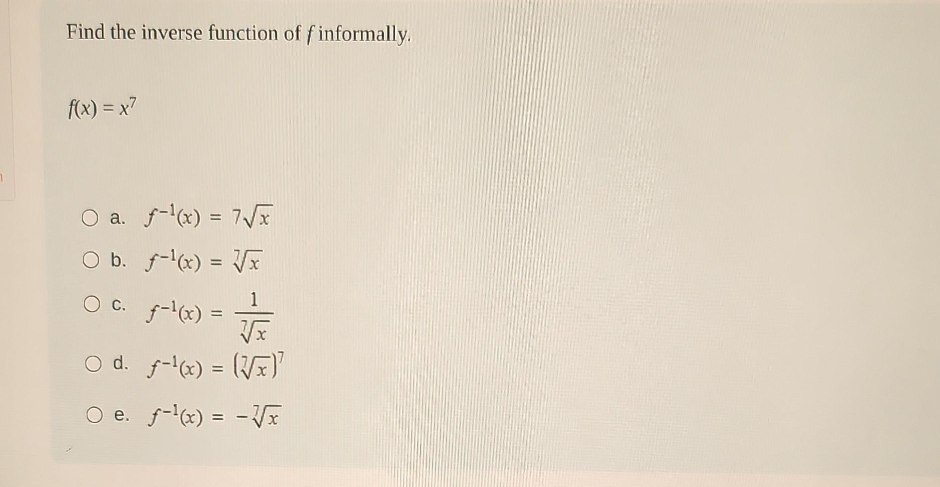 Solved Find the inverse function of f informally. f(x)=x7 a. | Chegg.com
