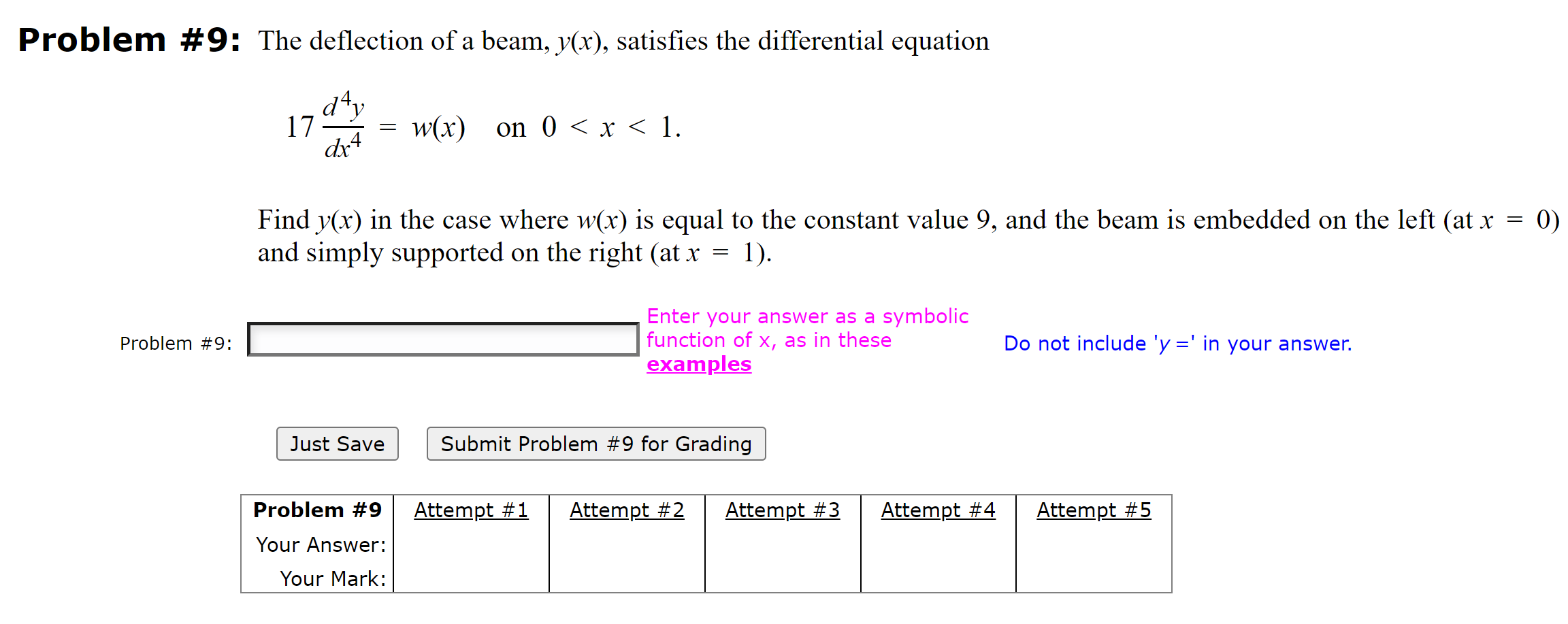 Solved Problem #9: The deflection of a beam, y(x), | Chegg.com
