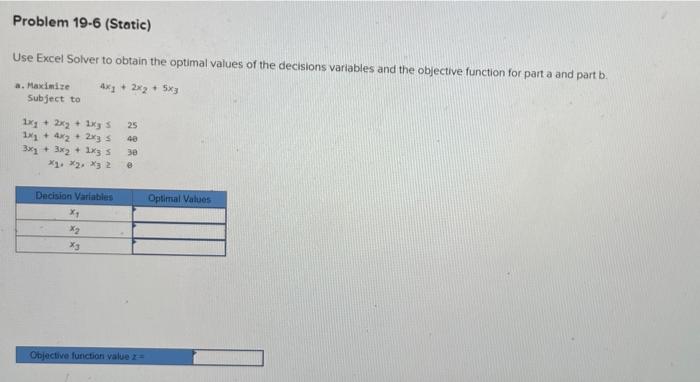 Solved Problem 19-6 (Static) Use Excel Solver to obtain the | Chegg.com