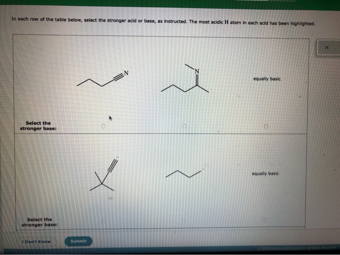 Solved In each row of the table below, select the stronger | Chegg.com