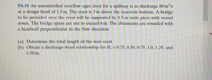Solved P.6.18 An uncontrolled overflow ogee crest for a | Chegg.com