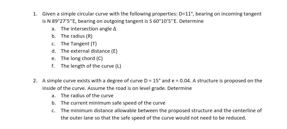 Solved a. 1. Given a simple circular curve with the | Chegg.com
