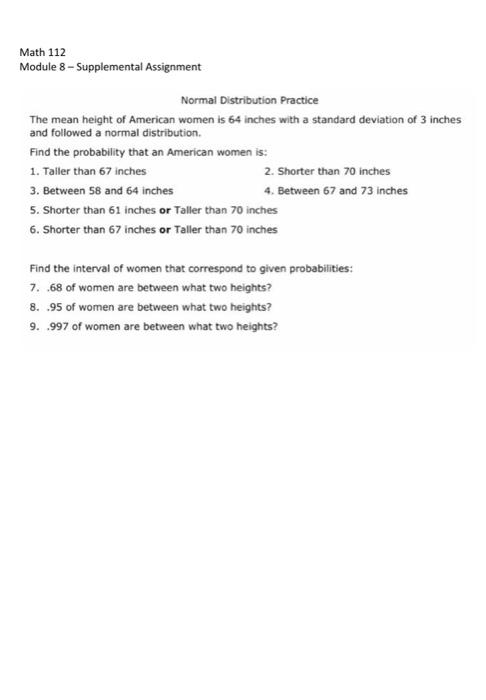 Solved Math 112 Module 8 - Supplemental Assignment Normal | Chegg.com