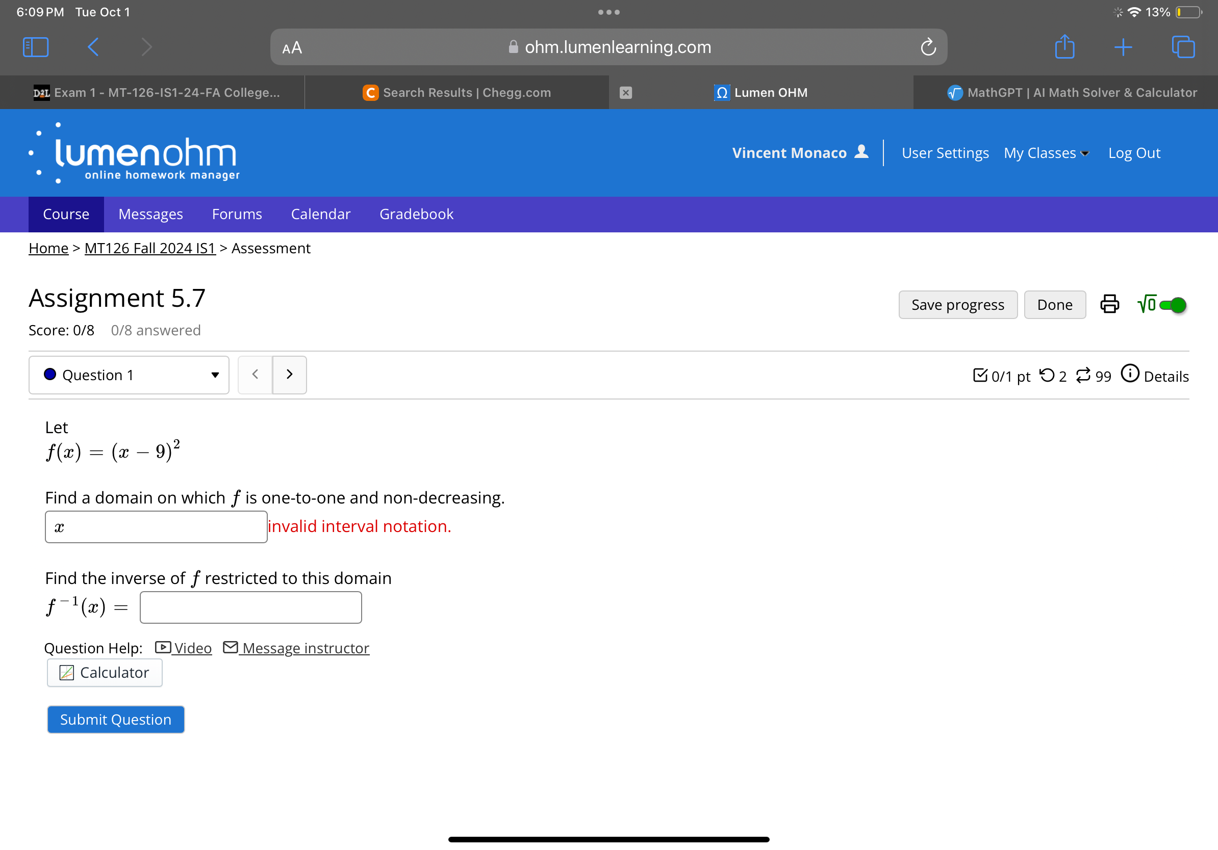 Solved Letf(x)=(x-9)2Find a domain on which f ﻿is one-to-one | Chegg.com