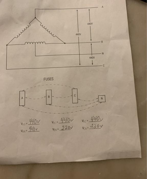 Solved 440V 440V А un B N 440V ! С FUSES N 4400 VnB = 4400 | Chegg.com