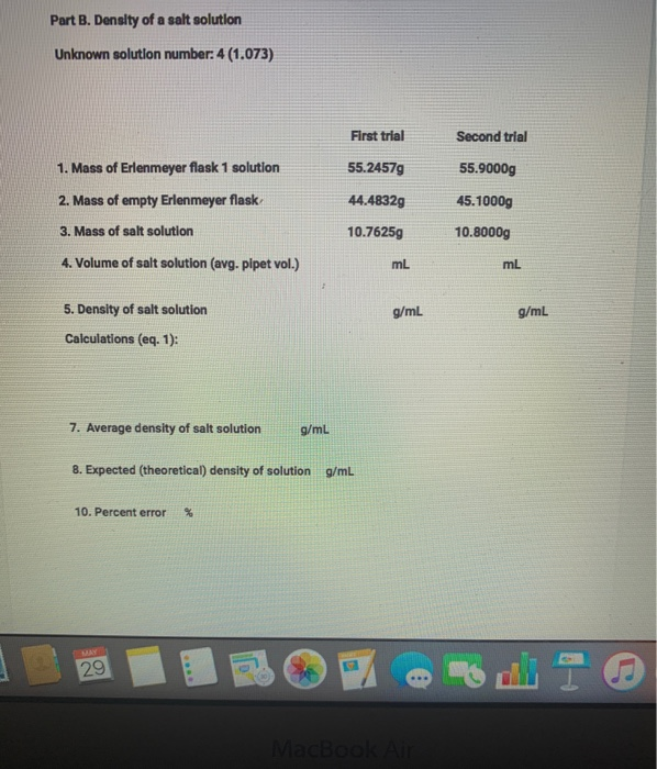 Solved Part B. Density of a salt solution Unknown solution | Chegg.com
