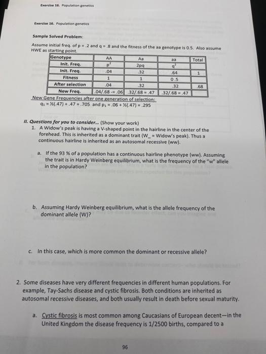 Exercise 16: Pepulation genetics Exercise 16. | Chegg.com