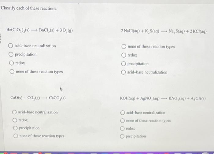 Solved Classify each of these reactions. | Chegg.com