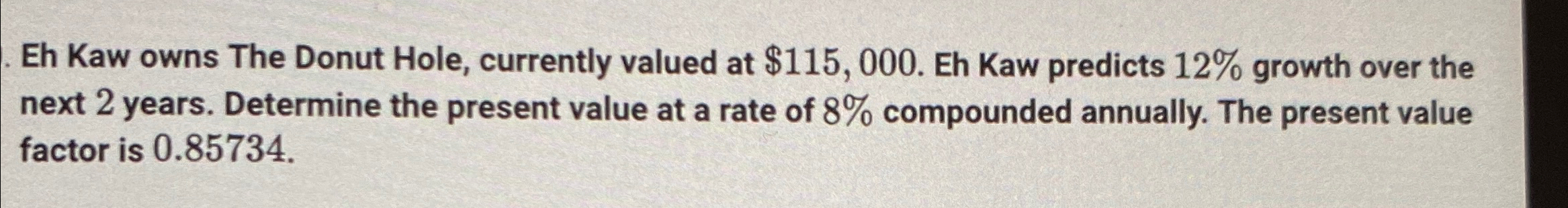 Solved Eh Kaw owns The Donut Hole, currently valued at | Chegg.com