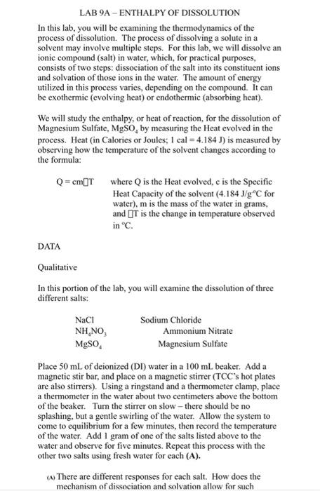 LAB 9A - ENTHALPY OF DISSOLUTION In this lab, you | Chegg.com