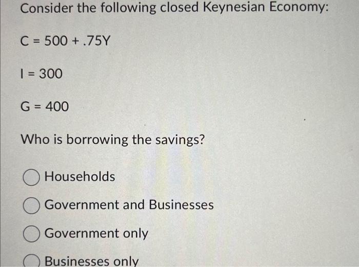 Solved Consider the following closed Keynesian Economy: | Chegg.com