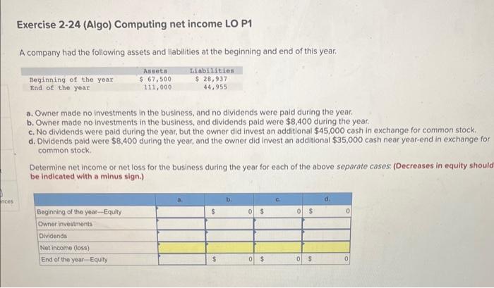 Solved Exercise 2-24 (Algo) Computing net income LO P1 A | Chegg.com