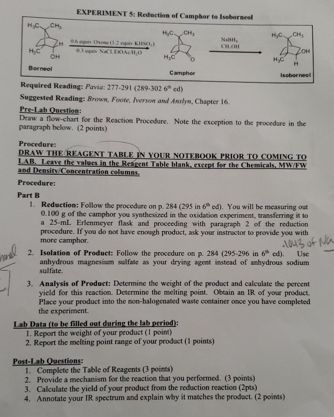 Solved EXPERIMENT 5: Reduction of Camphor to Isoborneol H3C | Chegg.com