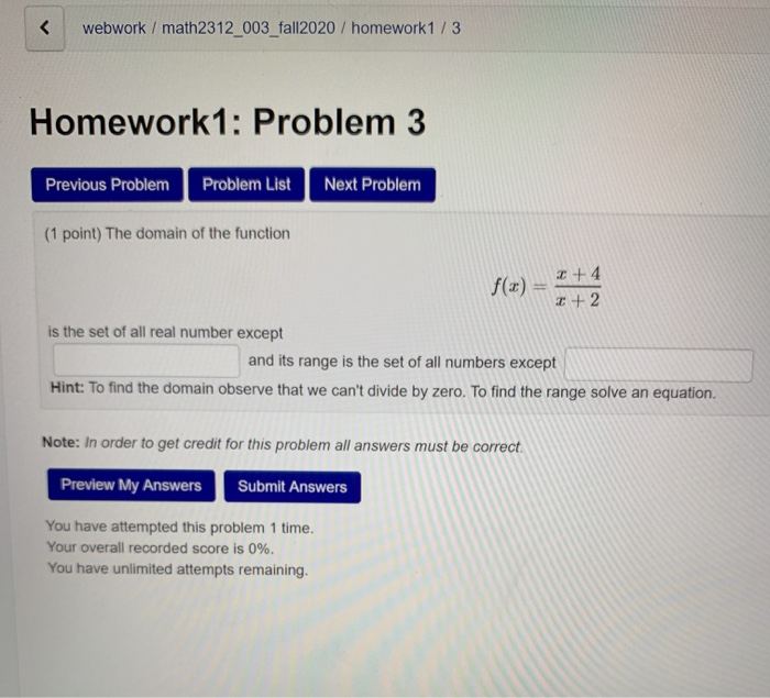 Solved webwork / math2312_003_fall2020 / homework1/3 | Chegg.com