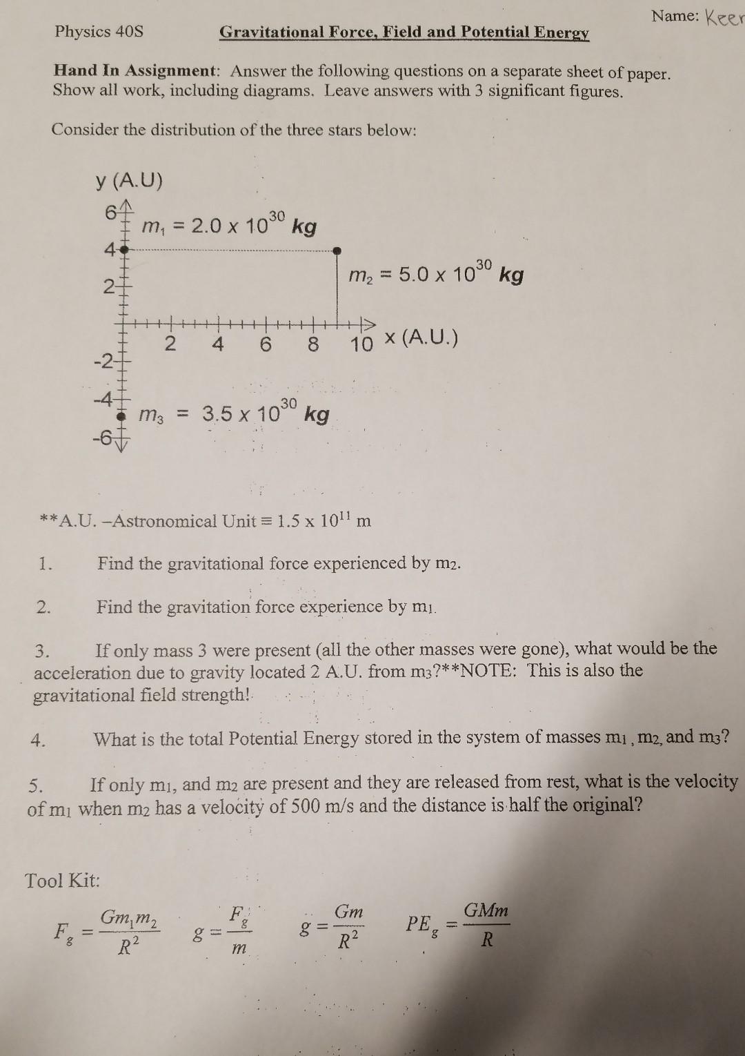 Solved Name: Keer Physics 40S Gravitational Force, Field and | Chegg.com