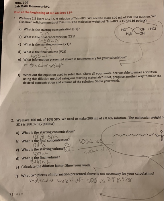 Solved BIOL 200 Lab Math Homework # 2 Due at the beginning | Chegg.com