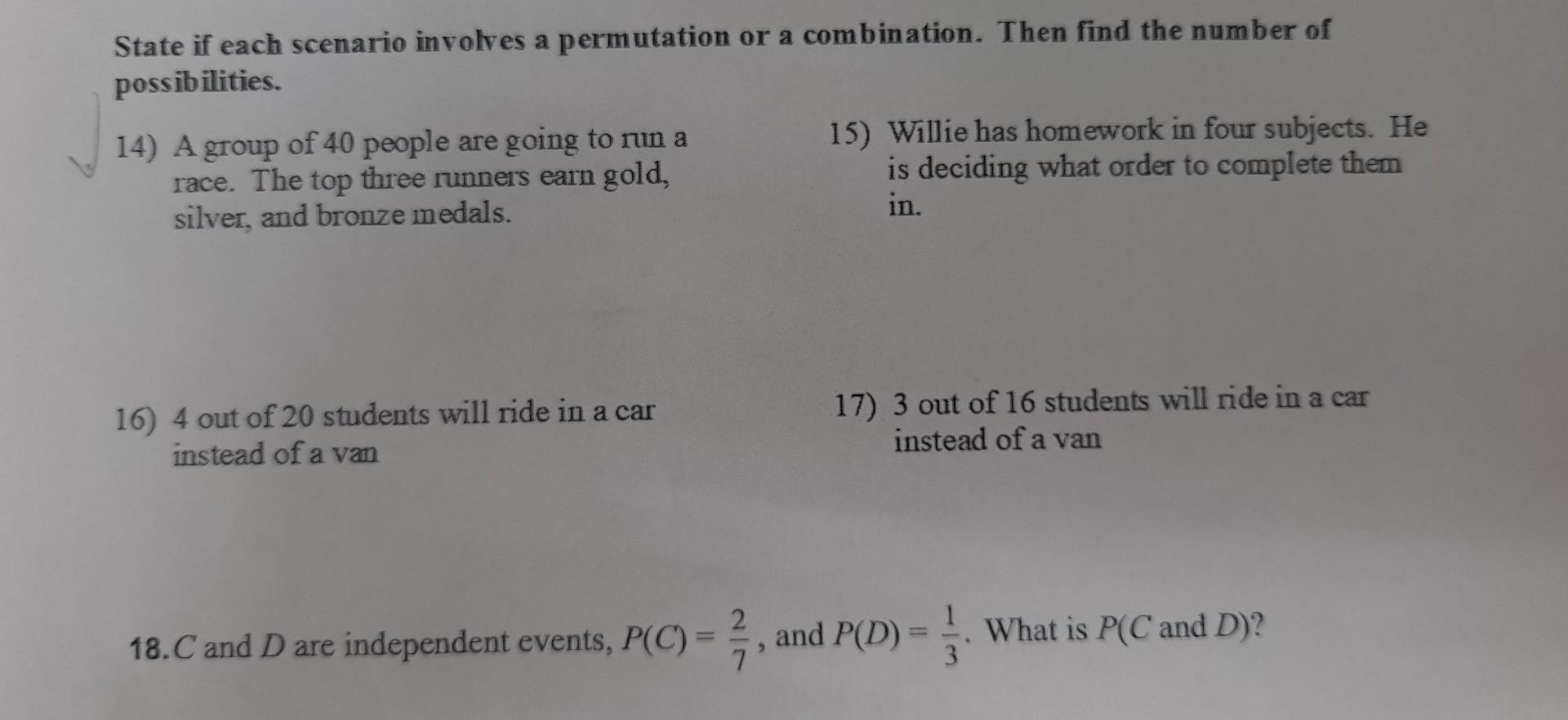 Solved State if each scenario involves a permutation or a | Chegg.com